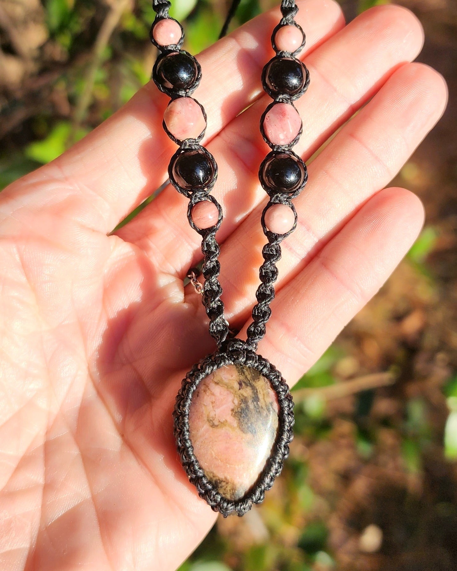 Rhodonite Macrame Necklace – Twisted Goddess Crystals