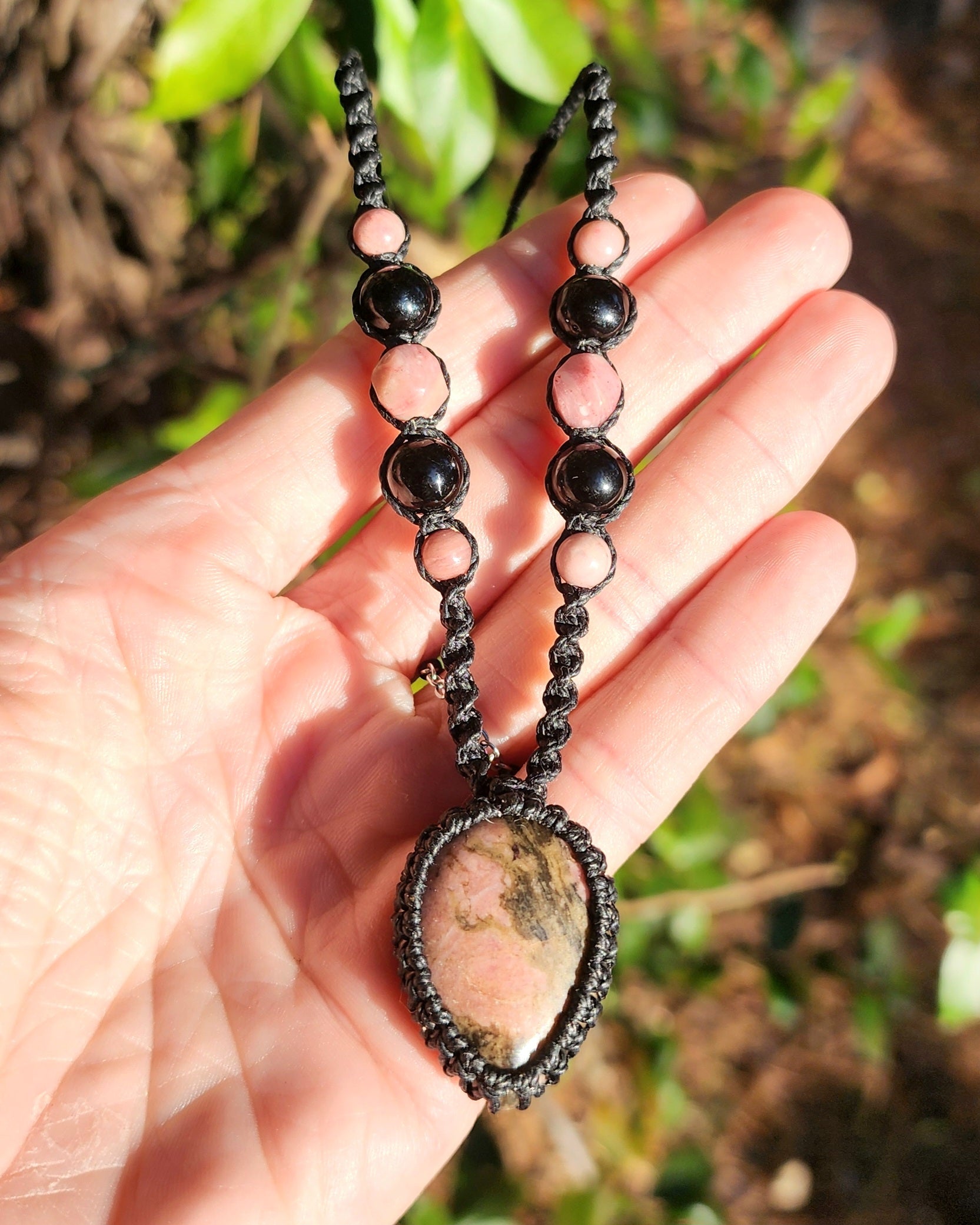 Rhodonite Macrame Necklace – Twisted Goddess Crystals