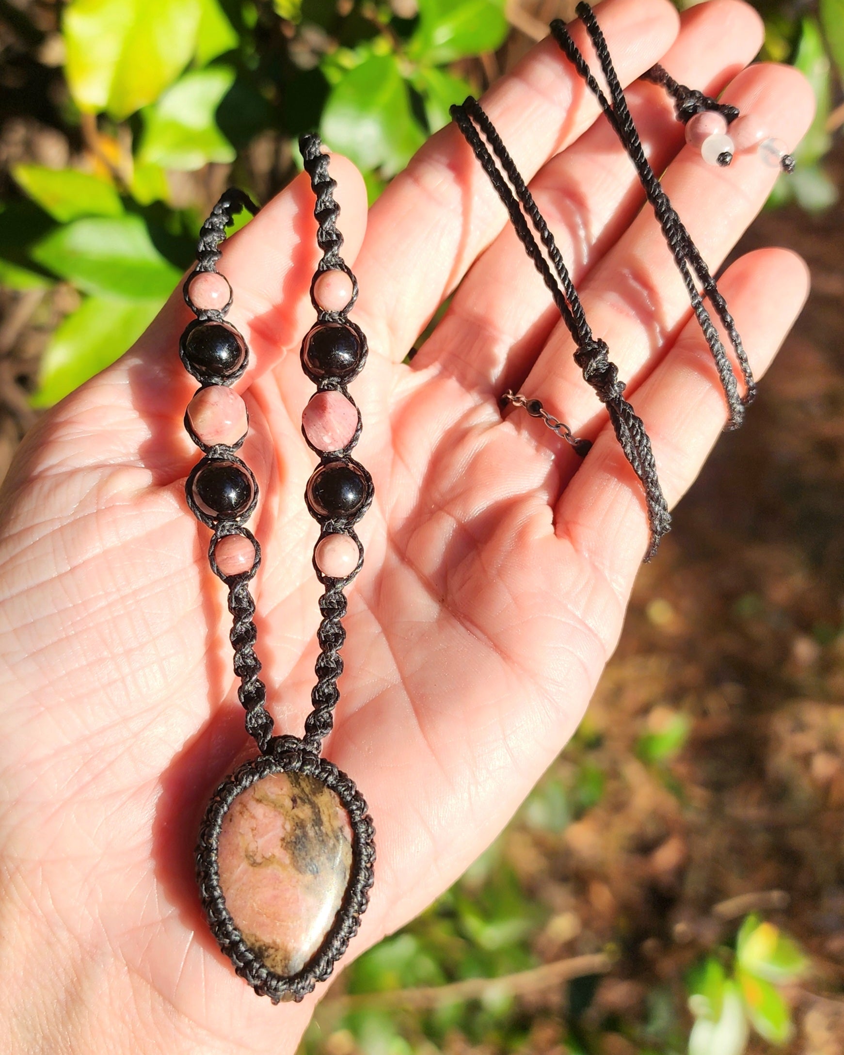 Rhodonite Macrame Necklace – Twisted Goddess Crystals